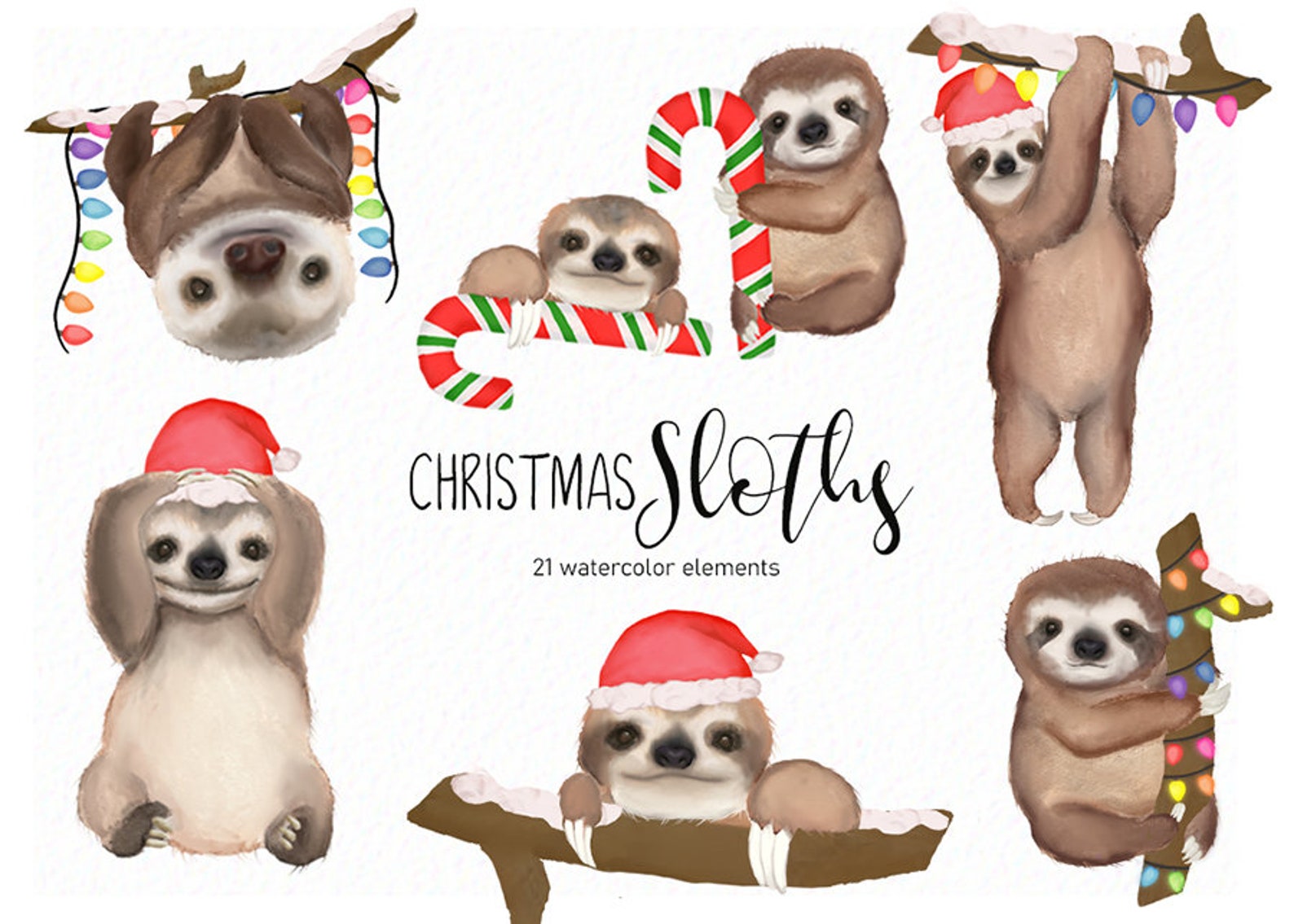 Handpainted Watercolor Sloth - Christmas Clipart - Holiday Sloth ...