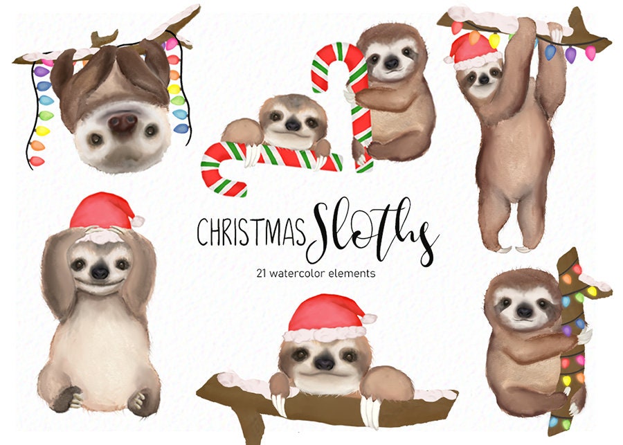Watercolor Sloths Christmas Clipart holiday Sloth Clipart | Etsy