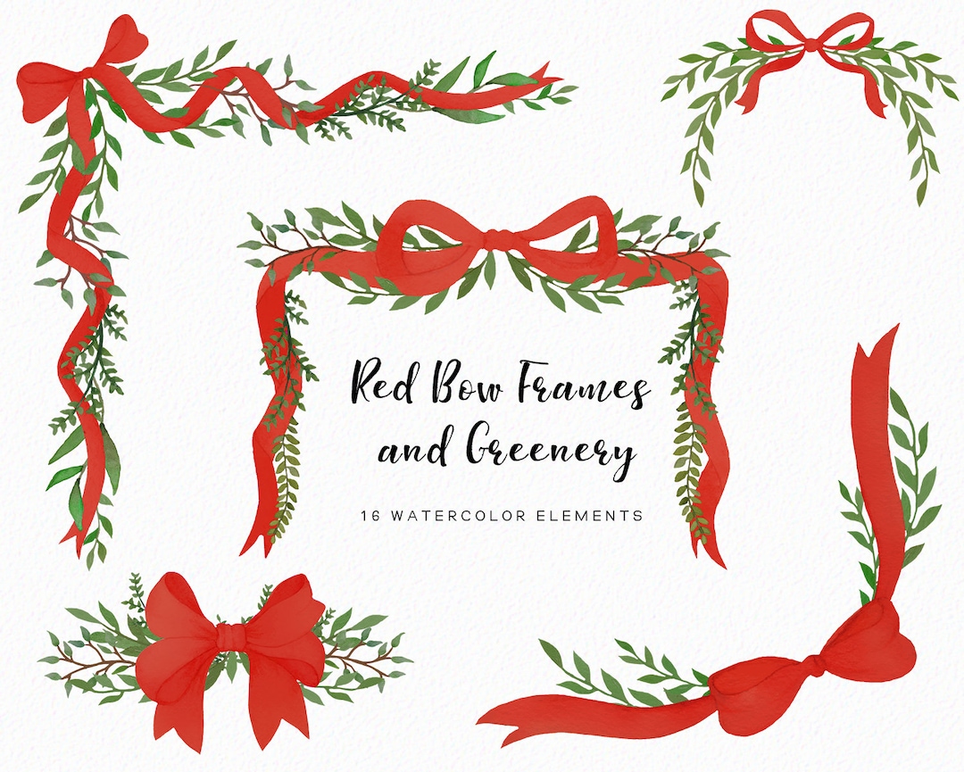 Red Watercolor Bows Bow Frames Clipart Christmas Bow Clipart Greenery ...