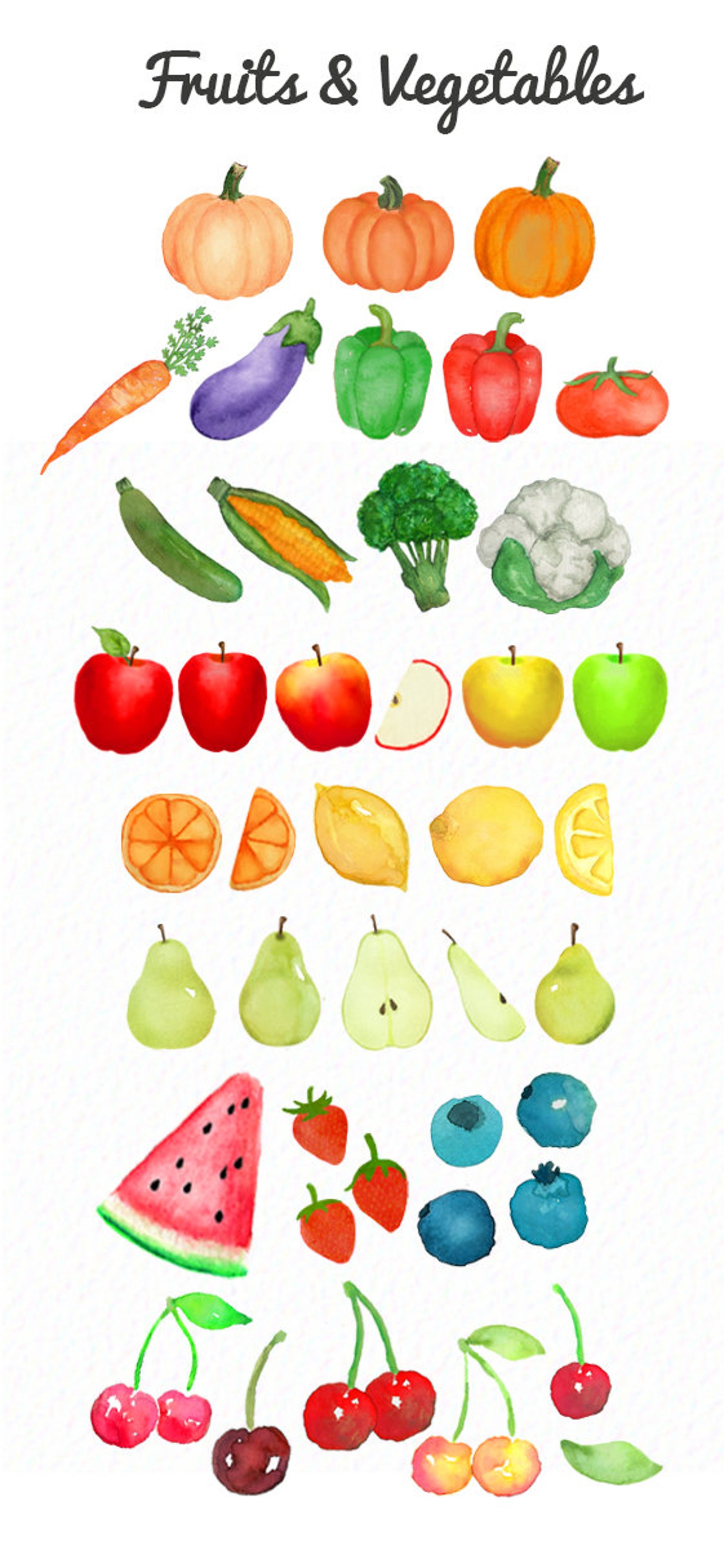 Watercolor Fruit and Vegetable Clipart Food Clipart Veggie - Etsy