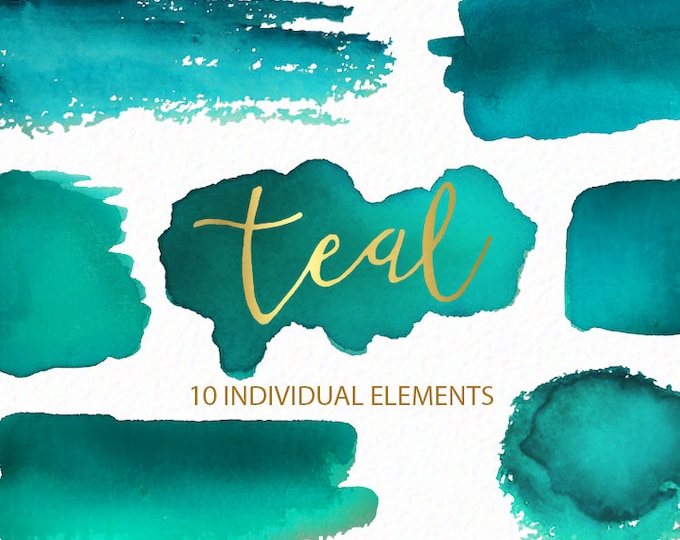 Teal and Gold Watercolor Teal Brush Strokes Splotches Watercolor Brush ...