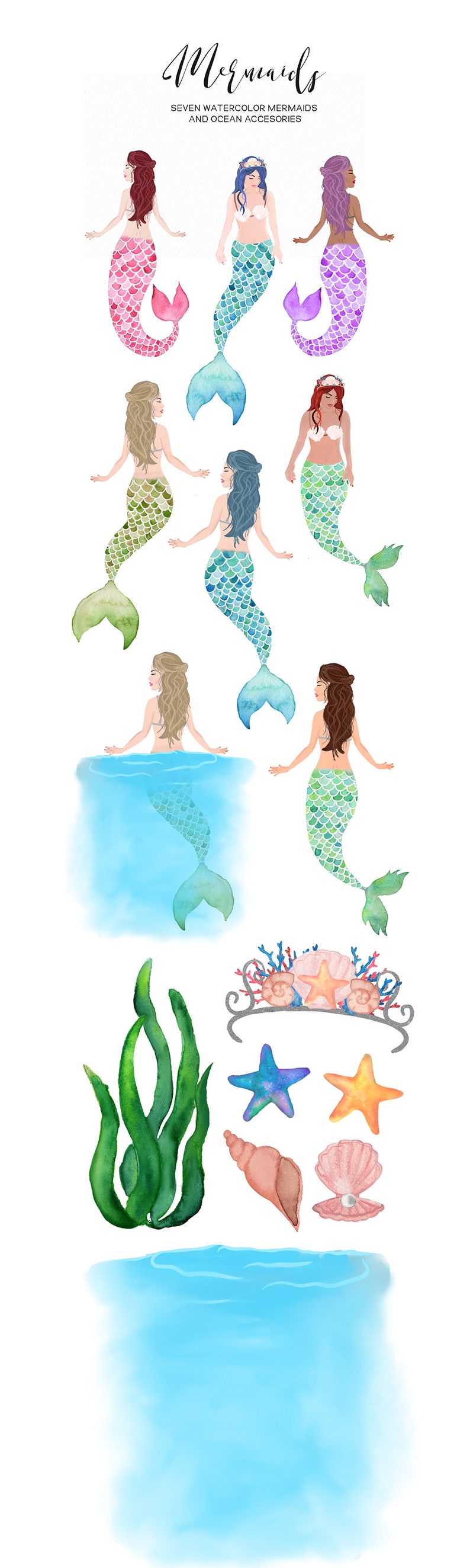Watercolor Mermaids Mermaid Clipart Ocean Watercolor - Etsy