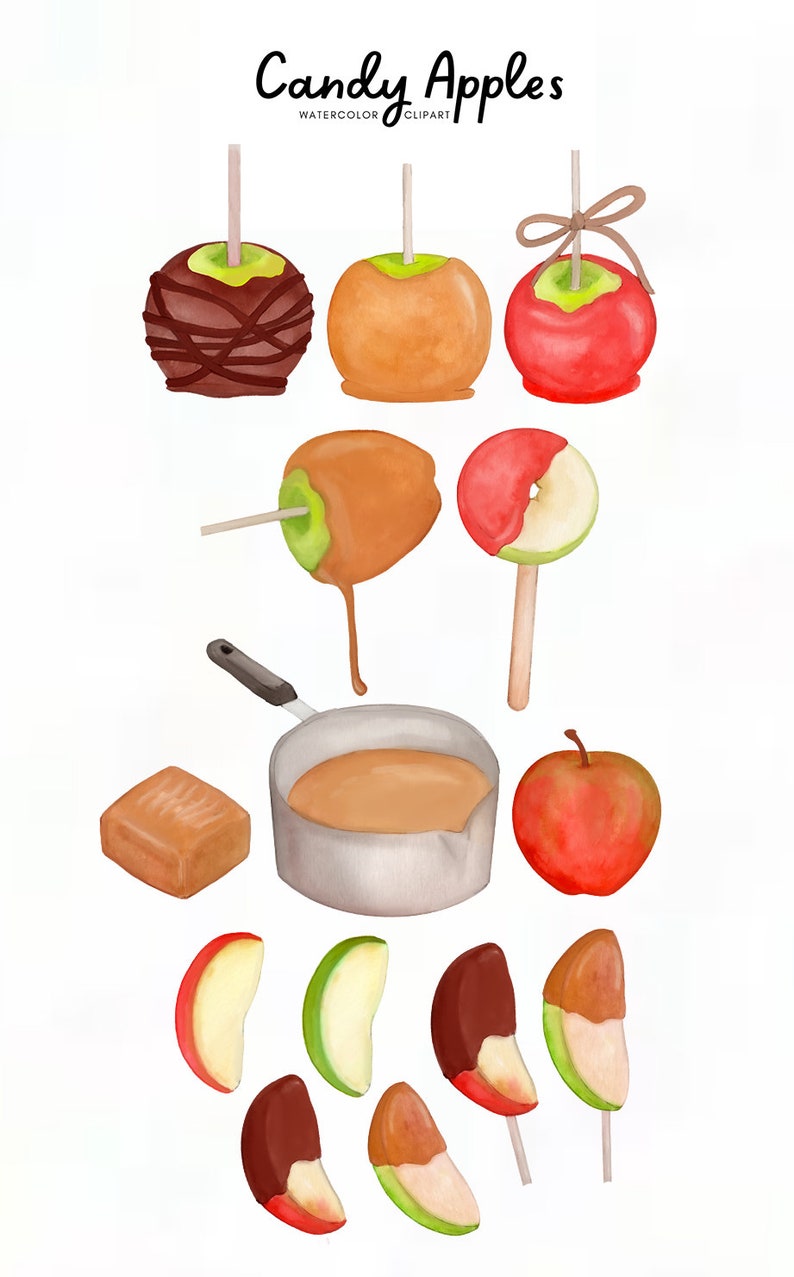 Handpainted Candy Apple Clipart: Watercolor Fall Treats (digital ...