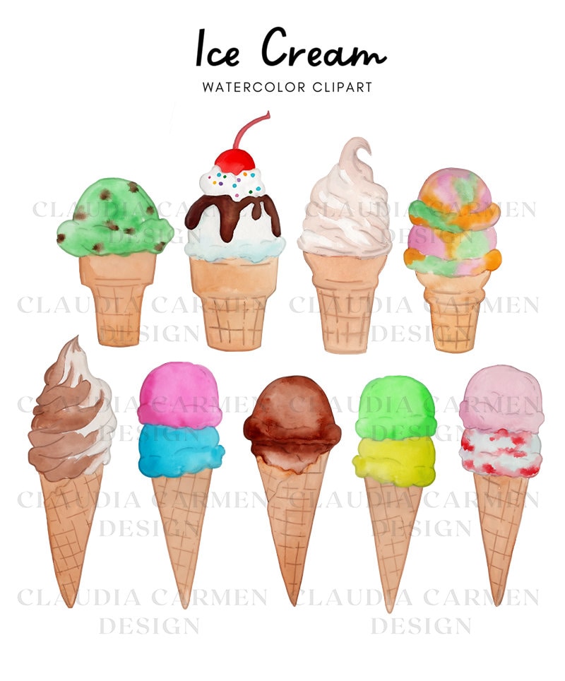 Handpainted Watercolor Ice Cream Cone Clipart – Summer Desserts ...