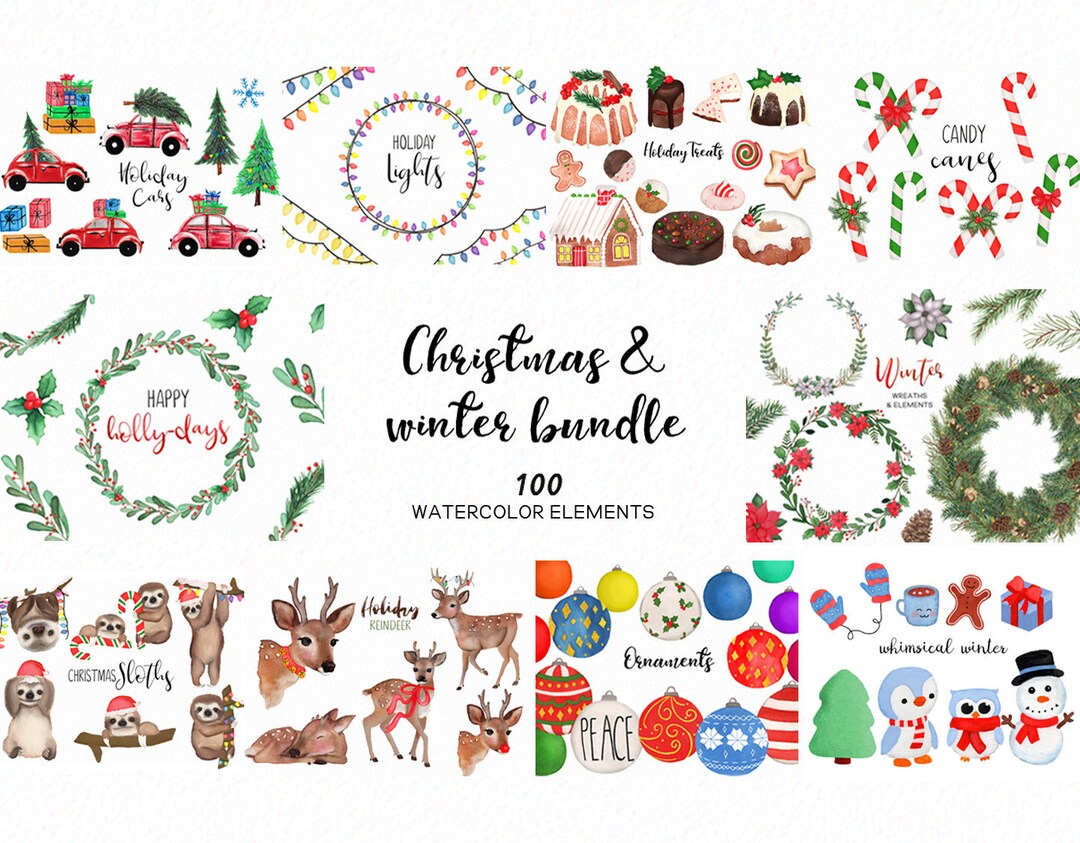 Watercolor Christmas Clipart Bundle Winter Wreath Clipart Christmas ...