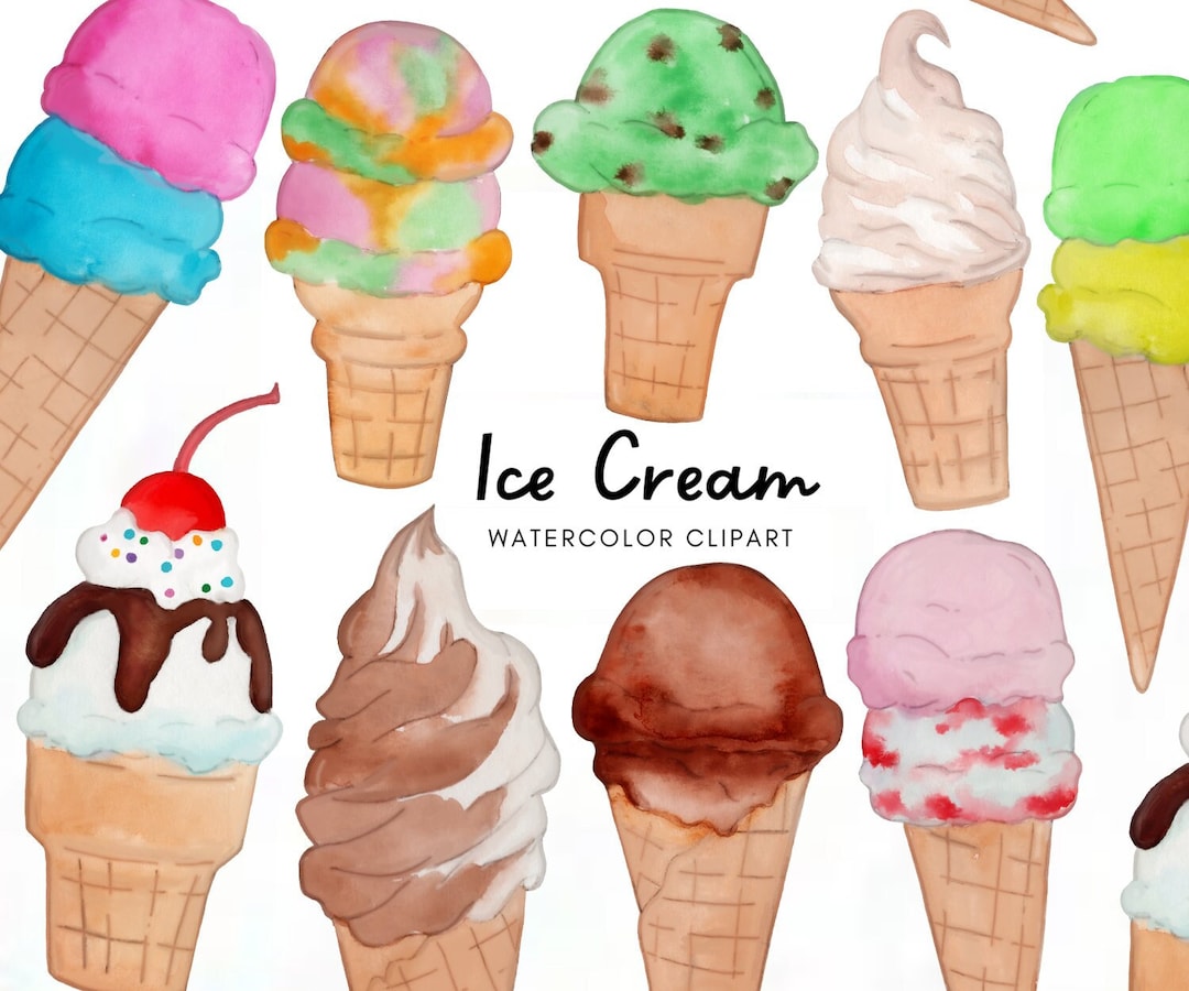 Handpainted Watercolor Ice Cream Cone Clipart – Summer Desserts ...