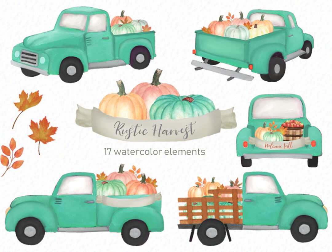 Watercolor Harvest Truck Clipart: Teal Vintage Truck, Pumpkins (digital ...