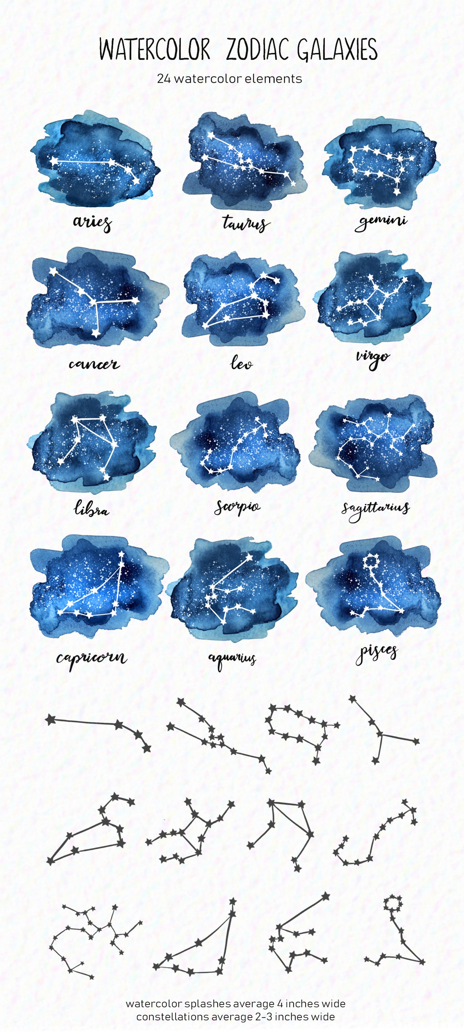 Watercolor Zodiac Constellations Watercolor Galaxy Clipart | Etsy