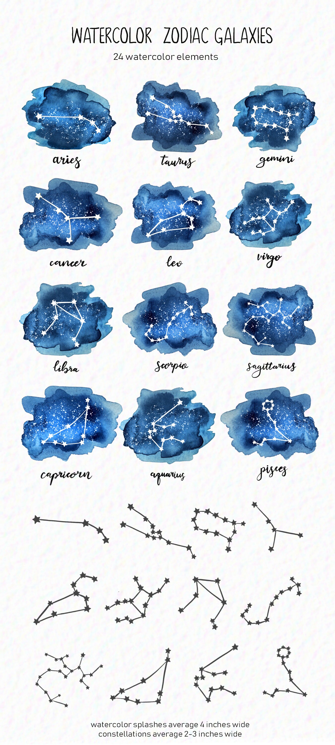 Watercolor Zodiac Constellations Watercolor Galaxy Clipart | Etsy