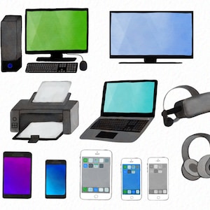 Watercolor Technology Clipart: Handpainted Phone, Computer, Tablet ...