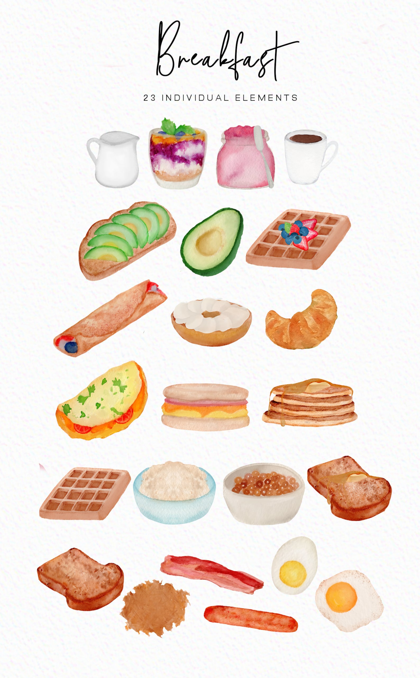Breakfast Watercolor Clipart Food Clipart Bacon and Eggs - Etsy