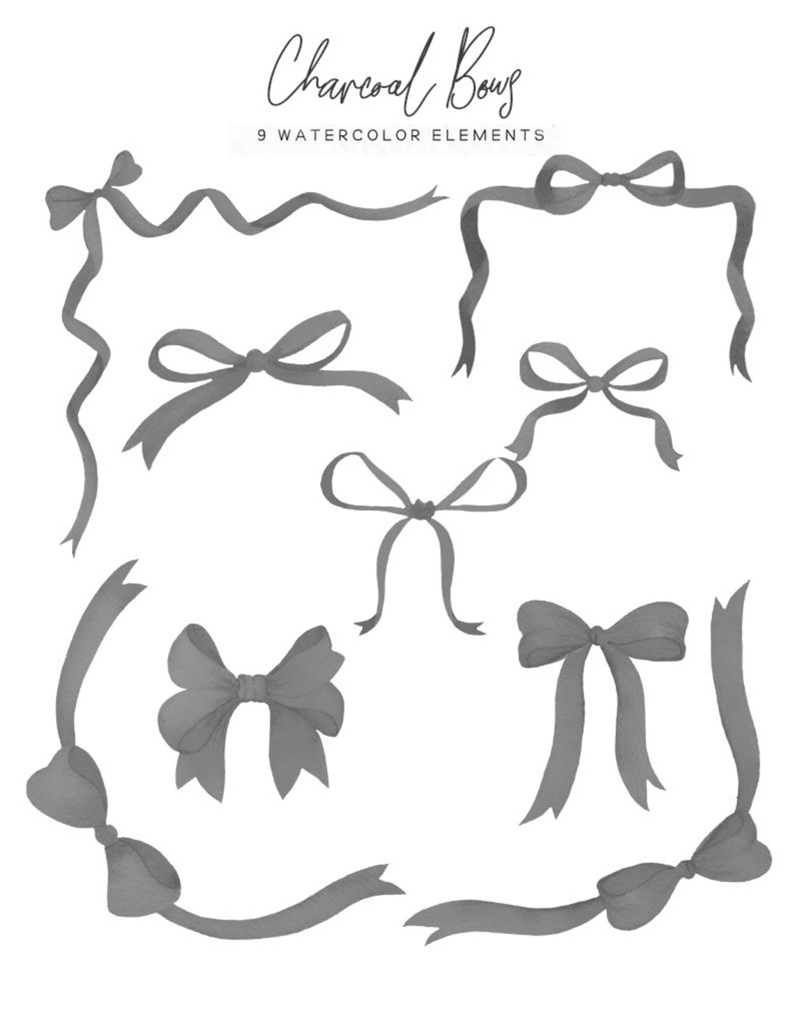 Handpainted Watercolor Bow Clipart - Charcoal Gray Bows (digital ...