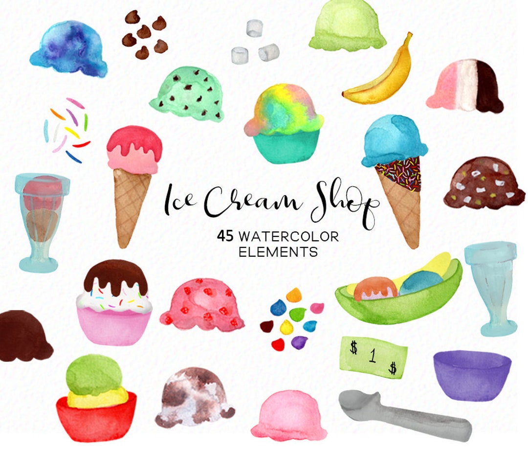 Handpainted - Ice Cream Clipart - Watercolor Ice Cream Shop - Dramatic ...