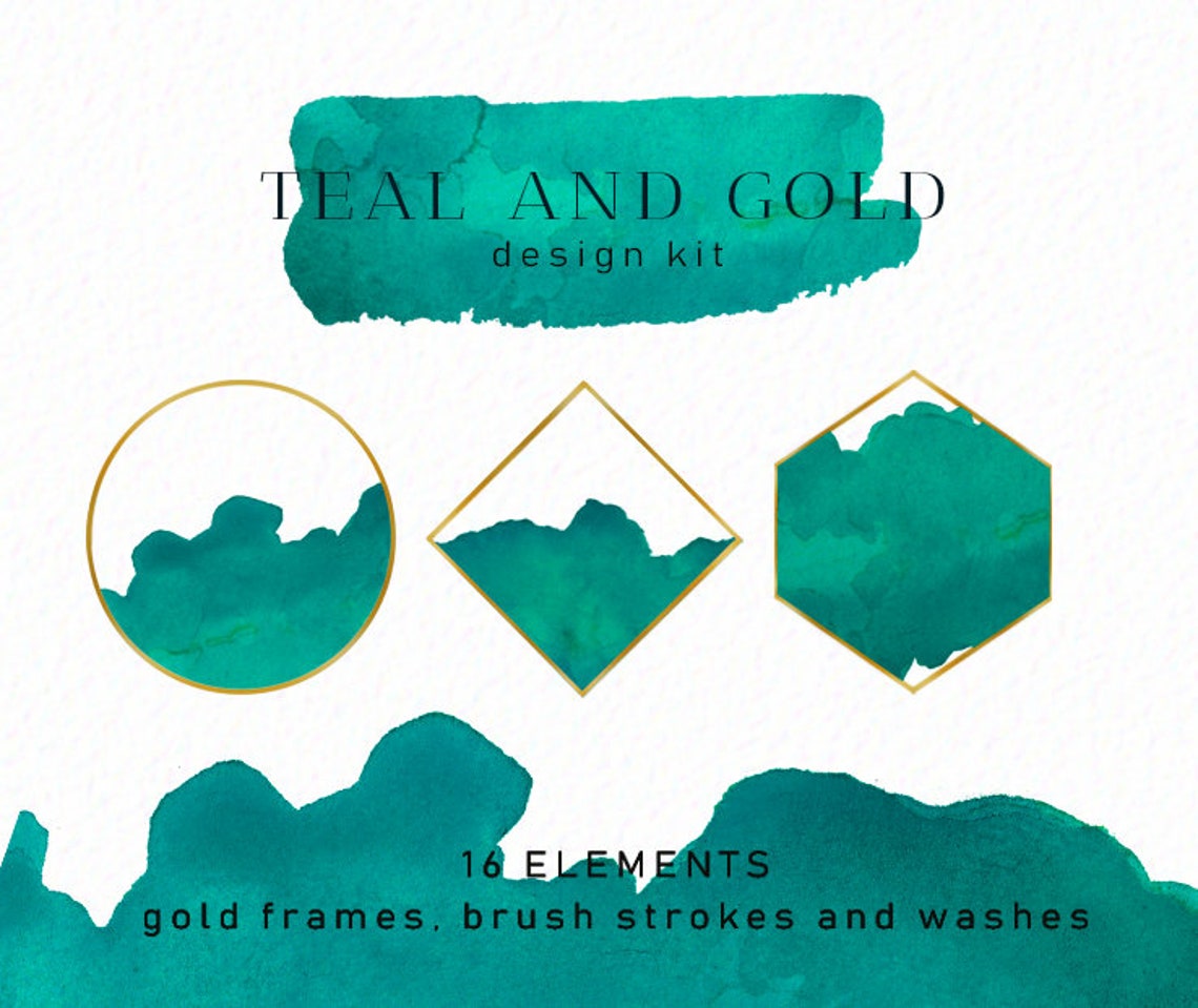 Teal Watercolor Clipart Teal and Gold Watercolor Brush | Etsy