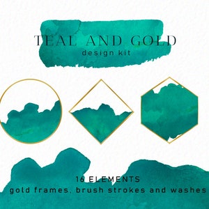 Handpainted Teal Watercolor Clipart - Teal and Gold- Watercolor Brush ...