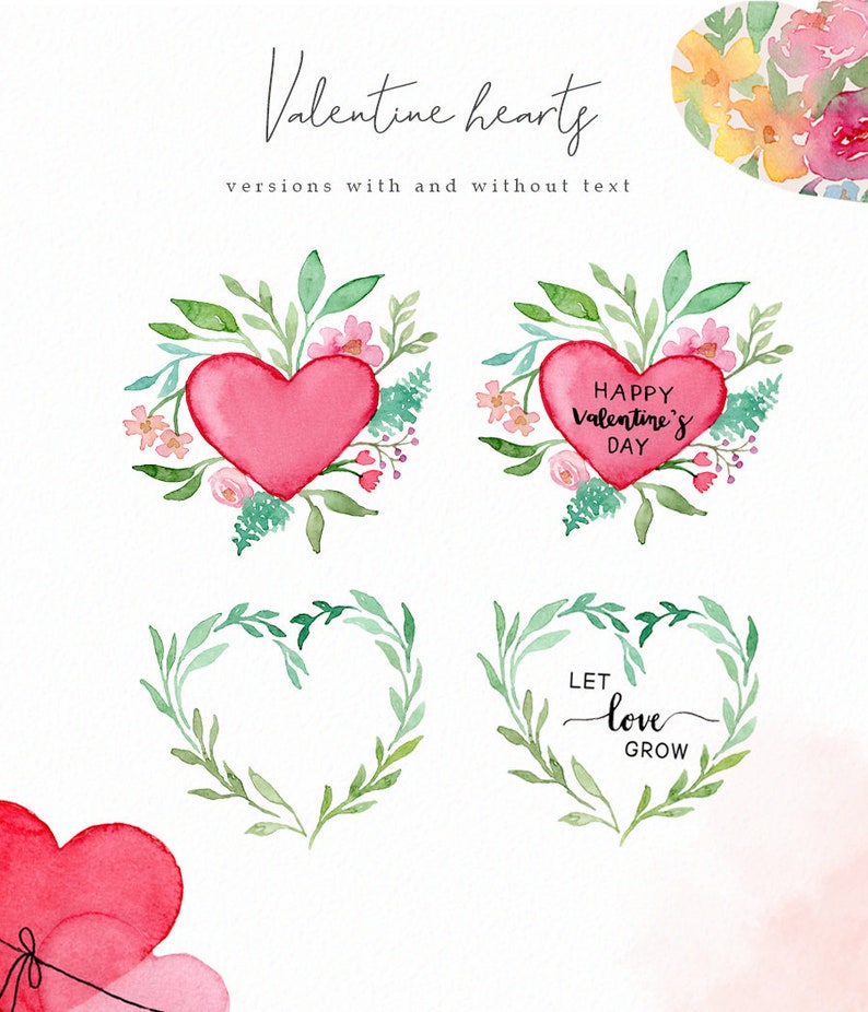 Valentines Clipart Watercolor Hearts Watercolor Florals - Etsy