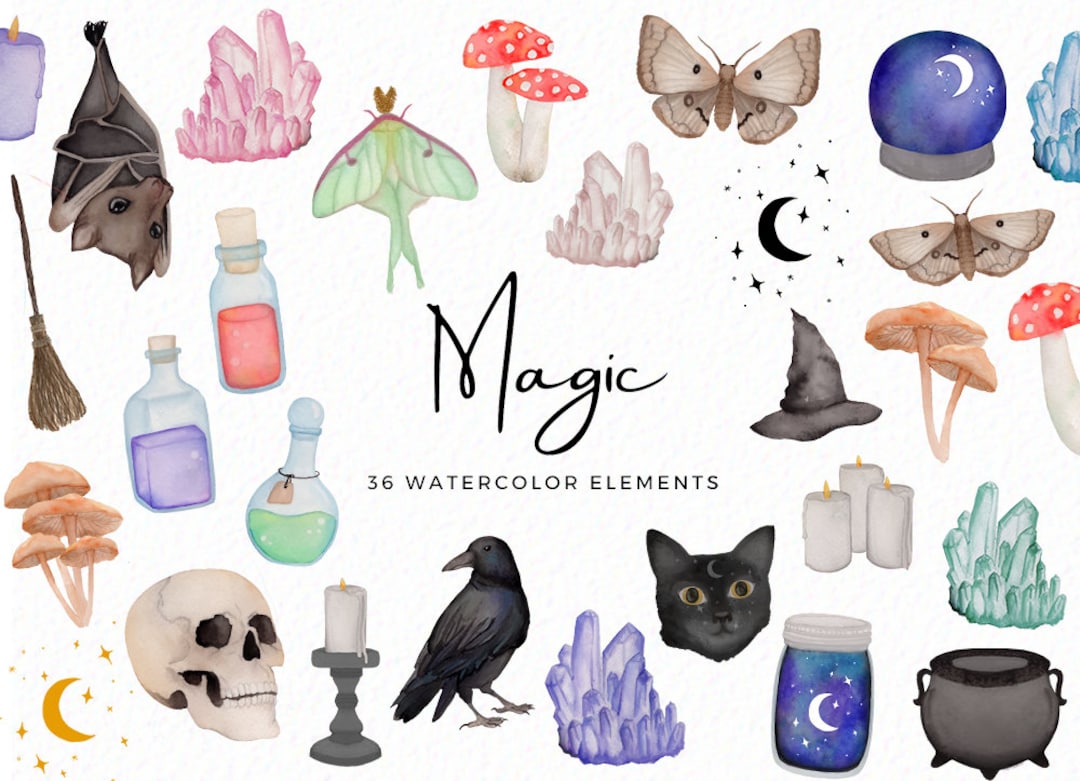 Magic Watercolor Clipart Halloween Witch Crystals Spooky Clipart Galaxy ...