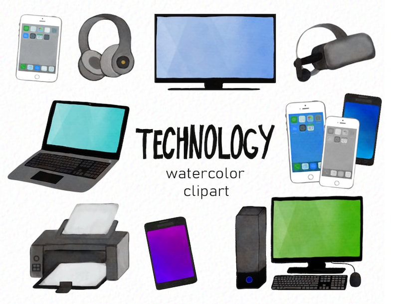 Watercolor Technology Clipart: Handpainted Phone, Computer, Tablet ...