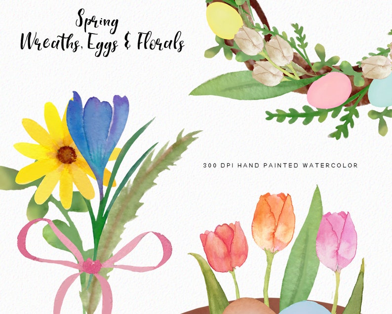 Handpainted Spring Easter Clipart - Wreath Clipart - Easter Eggs ...