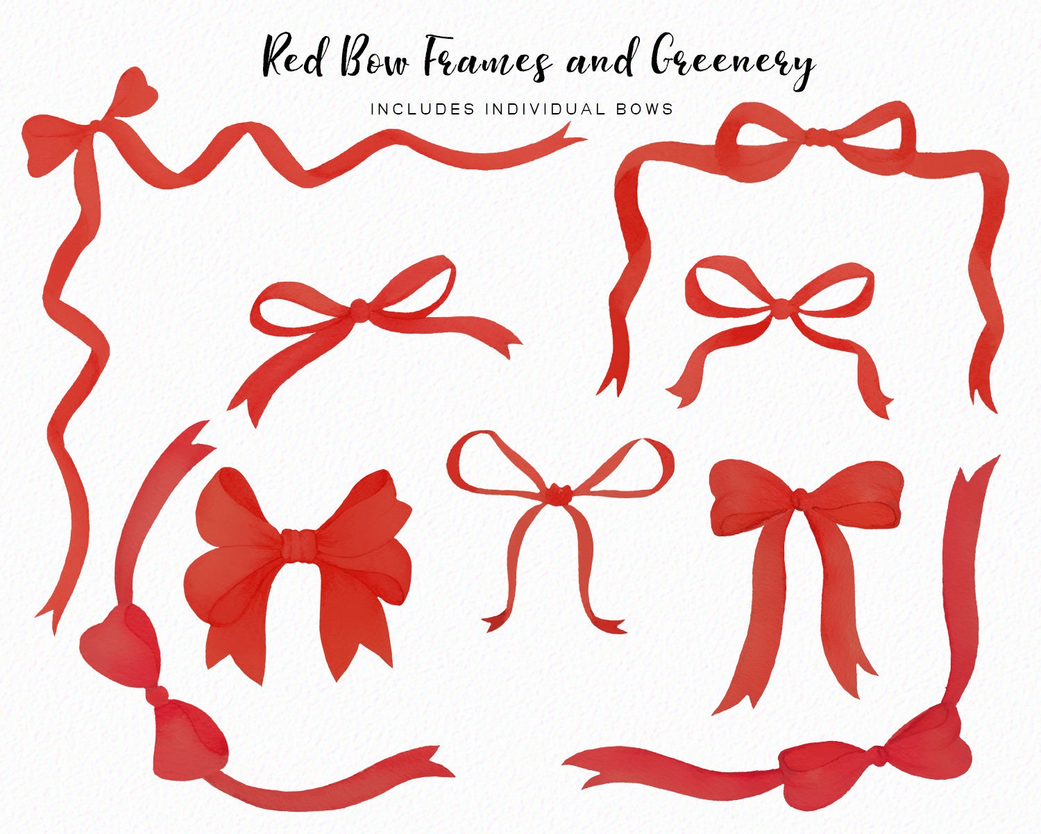 Red Watercolor Bow Clipart: Christmas Bow Frames, Greenery (digital ...