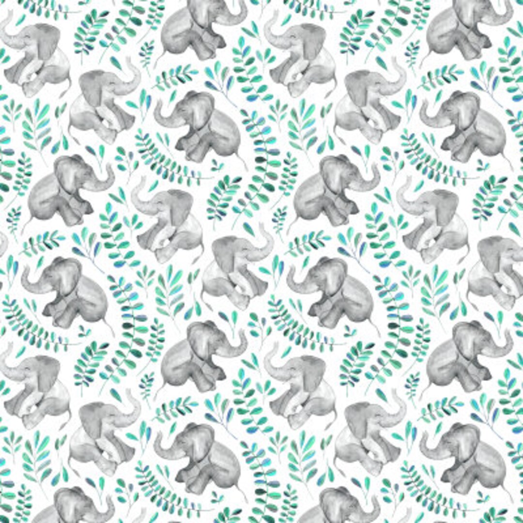 Baby Elephants With Emerald and Turquoise Leaves on White Fabric by ...
