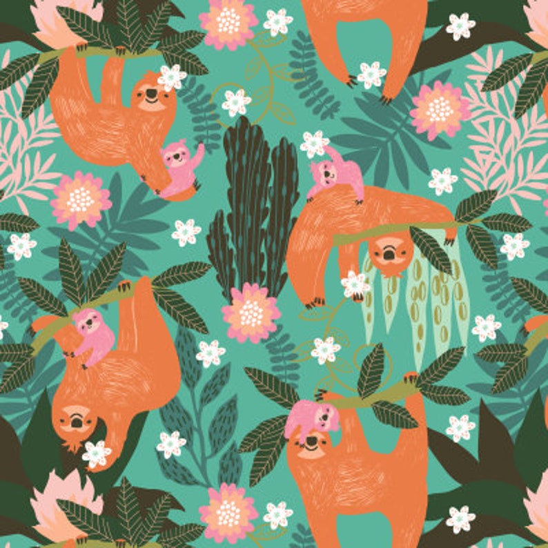 Happy Sloth Mothers and Babies - Jungle Green Fabric by Iryna Ruggeri ...