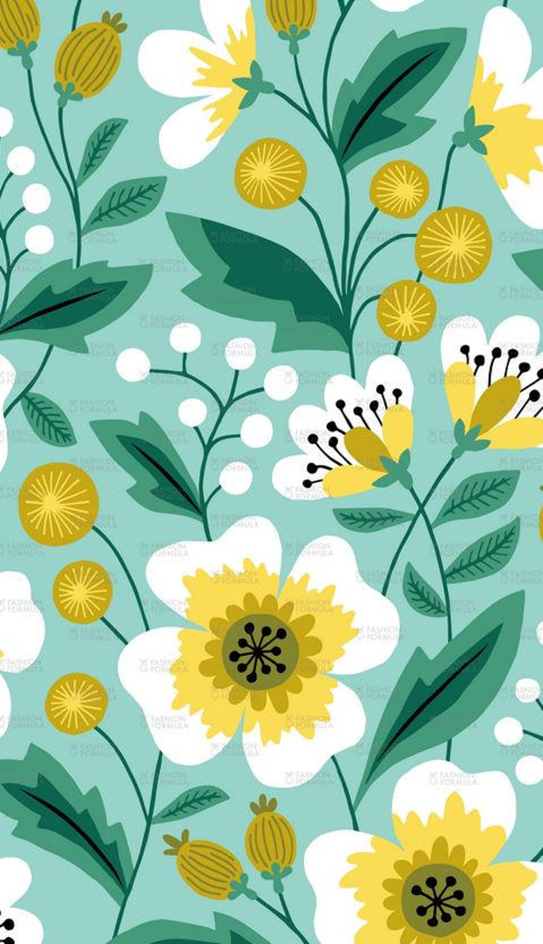 Colourful Spring Flowers Yellow and Mint Fabric by Heleen_vd_thillart ...