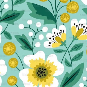 Colourful Spring Flowers Yellow and Mint Fabric by Heleen_vd_thillart ...