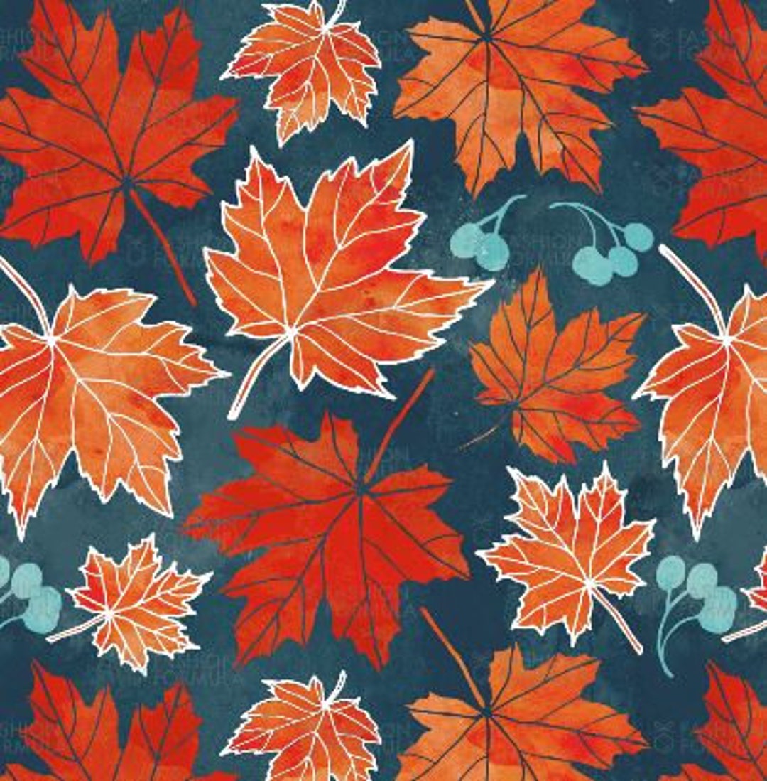 Autumn Leaves Against Dark Blue Fabric by Adenaj - Cotton/ Polyester ...