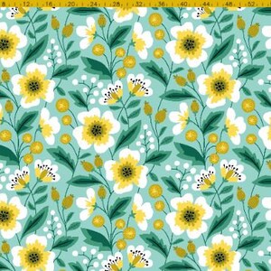Colourful Spring Flowers Yellow and Mint Fabric by Heleen_vd_thillart ...