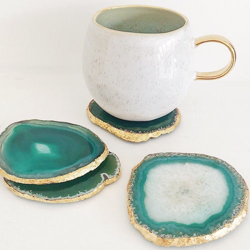 White Natural Round Crystal Agate Coasters With Gold Edge Set - Etsy