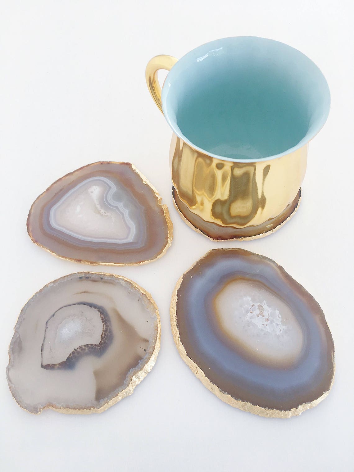 Natural Agate Coaster With Gold Leaf Edge. Handmade Rounded Coaster Set ...