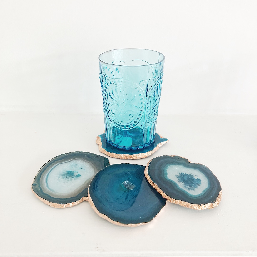 Agate Coaster in Teal With Copper / Rose Gold Edge. Drink Coasters ...