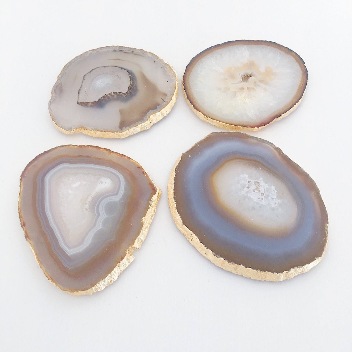 Natural Agate Coaster With Gold Leaf Edge. Handmade Rounded Coaster Set ...