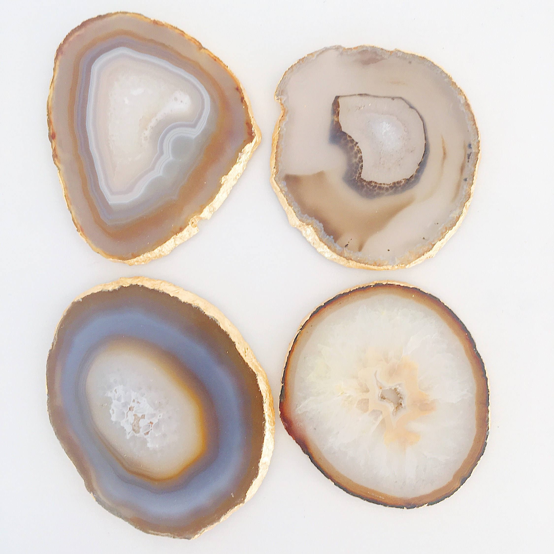 Natural Agate Coaster With Gold Leaf Edge. Handmade Rounded Coaster Set ...