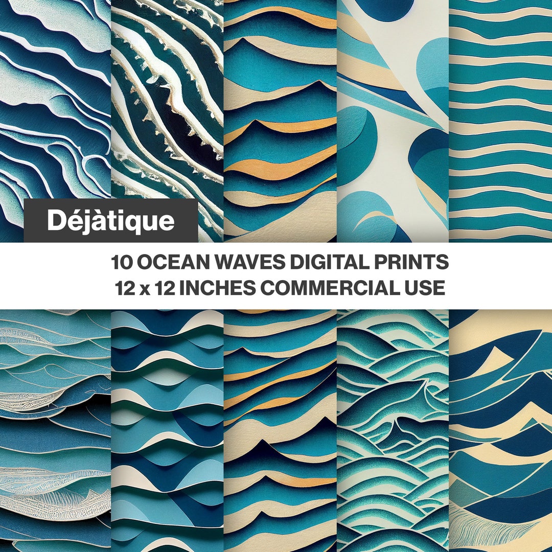 10 Ocean Blue Waves Seamless Digital Papers, Nautical Sea Backgrounds ...