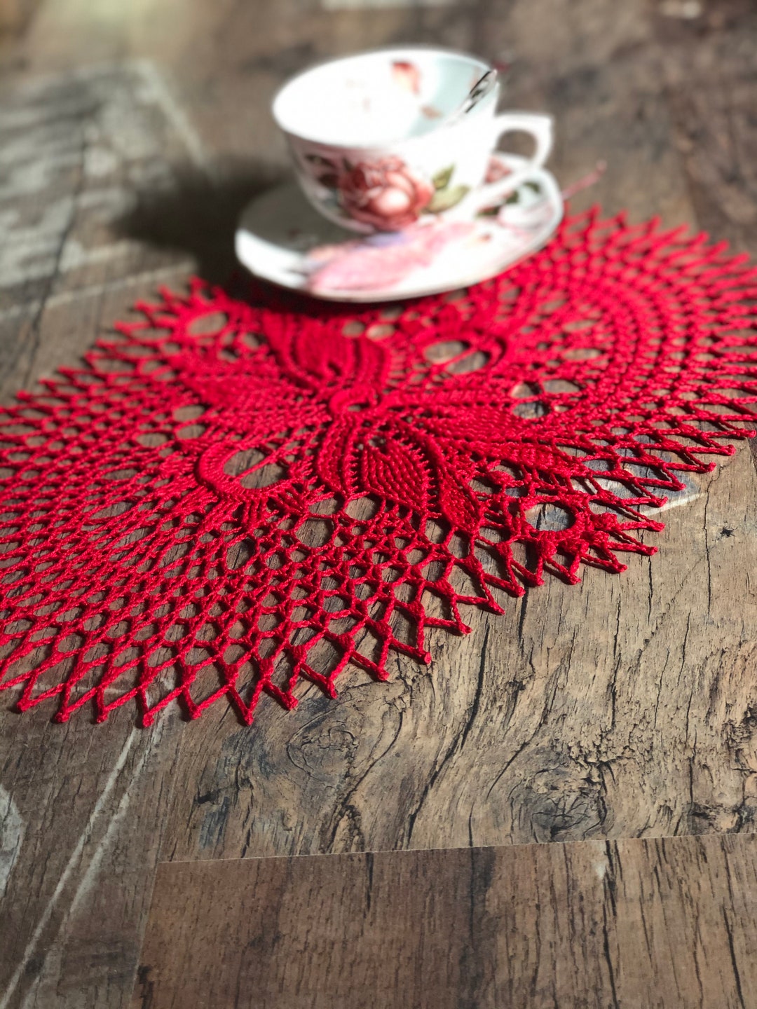 Red Oval Doily, Handmade Lace Table Runner, Valentines Day Centerpiece ...