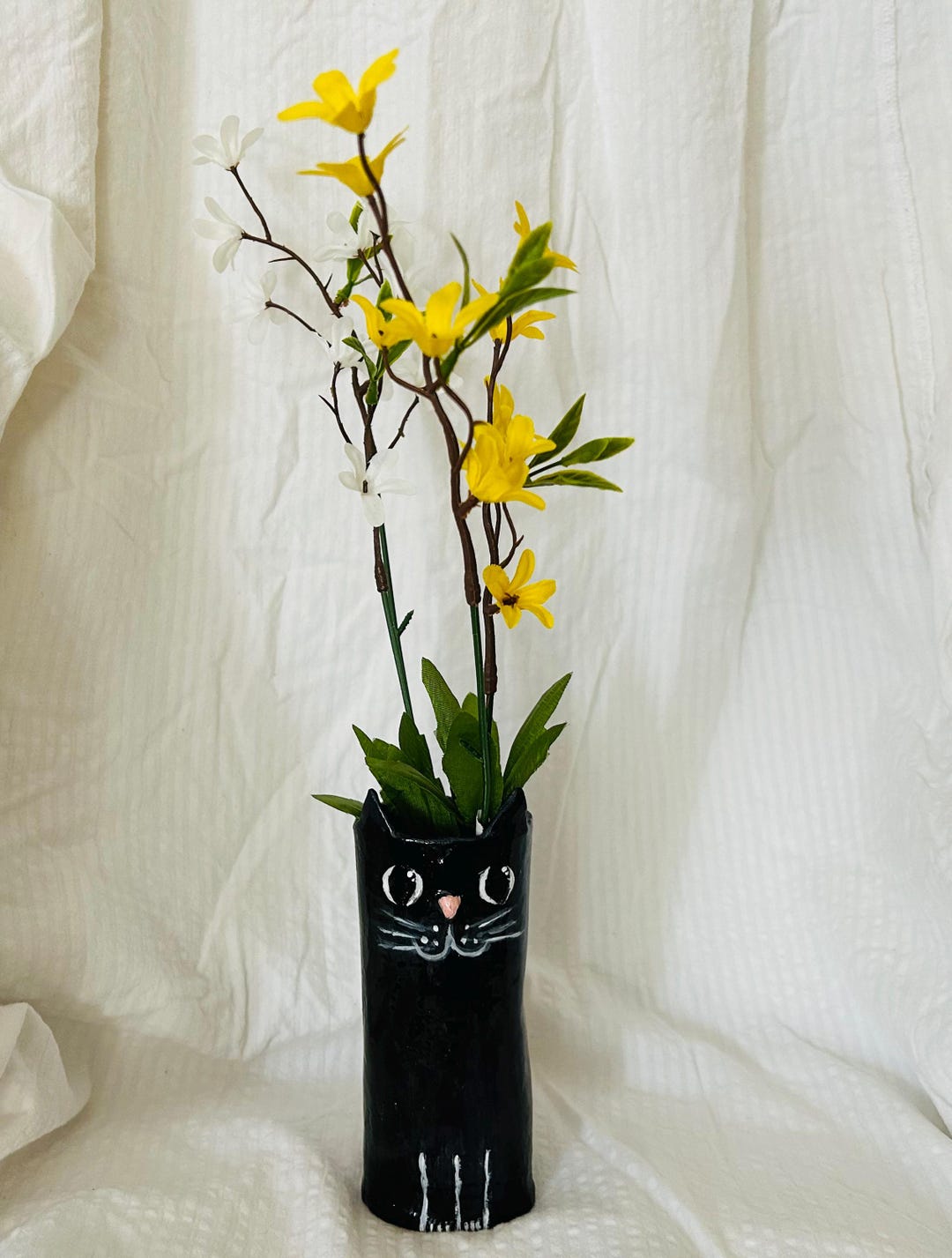 Super Cute Black Cat Vase! Hand Built From Clay and Glaze Fired in a ...