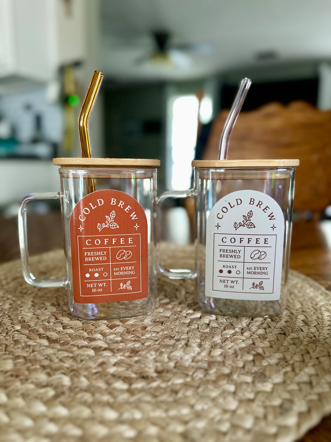 Square Iridescent Coffee Mug With Bamboo Lid and Straw, Cold Brew ...