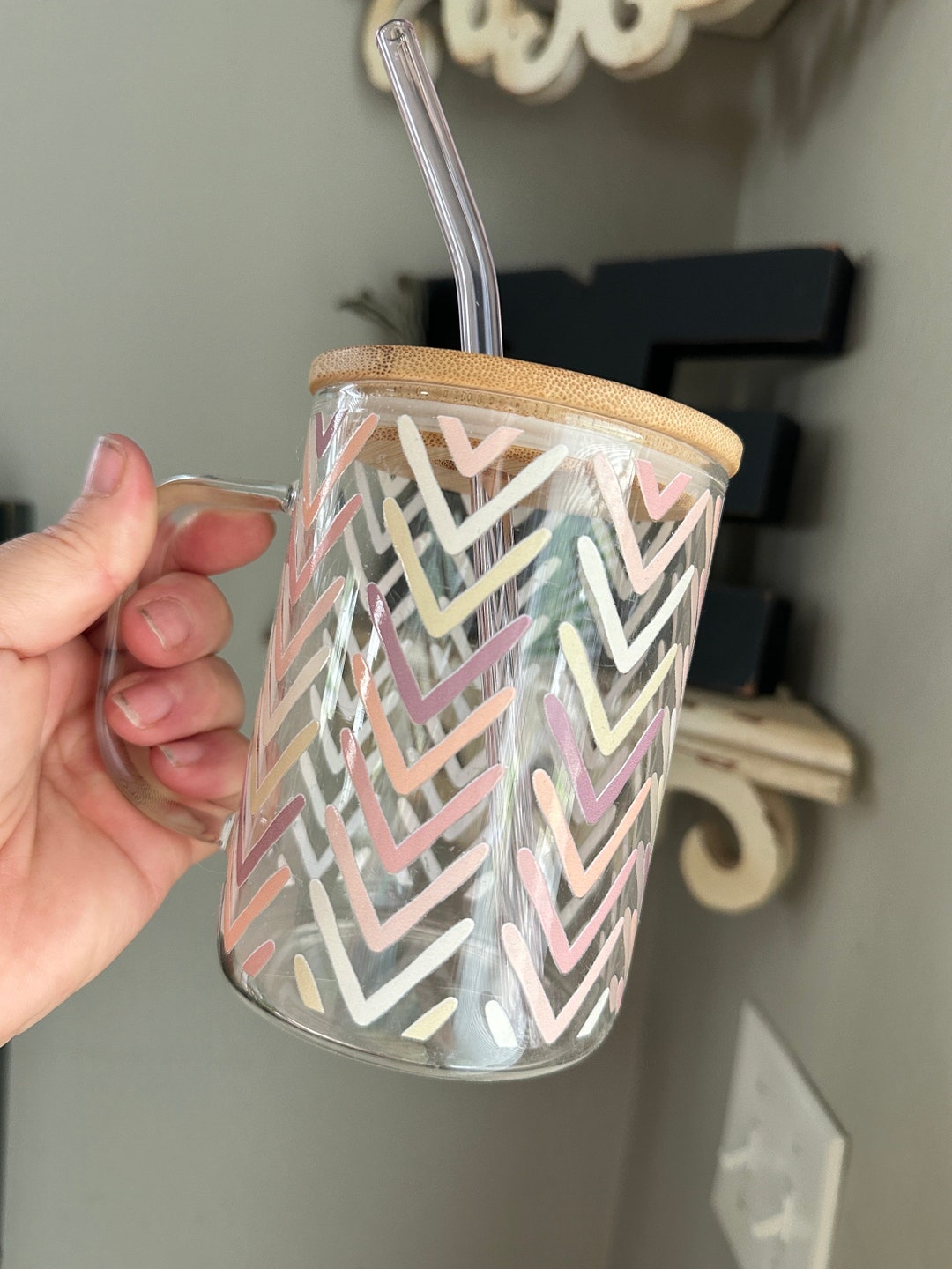 Boho Arrow Clear Glass Coffee Mug With Bamboo Lid and Straw, Boho ...