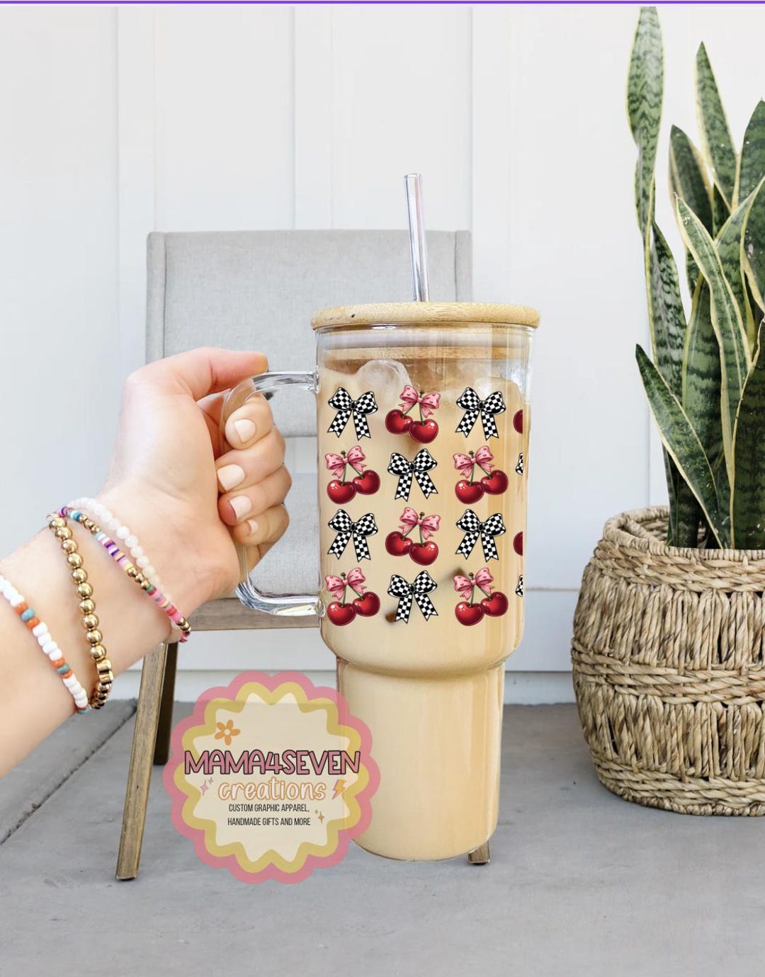 Cherry & Checkered Bow 40oz Glass Tumbler With Handle and Bamboo Lid - Etsy