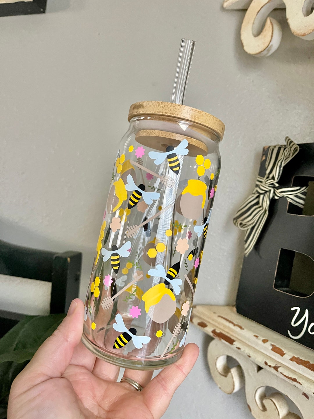 Honey Bee Beer Can Glass | Bee Coffee Glass | Best Friend Gifts | Coffee Glass | Iced Coffee ...