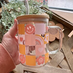 Retro Checkered Rainbow Iced Coffee Glass Mug • Retro Iced Coffee Mug • Boho Checkered • Clear ...