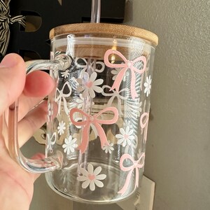 17oz Clear Glass Coquette Bow Mug With Bamboo Lid and Straw, Coffee ...