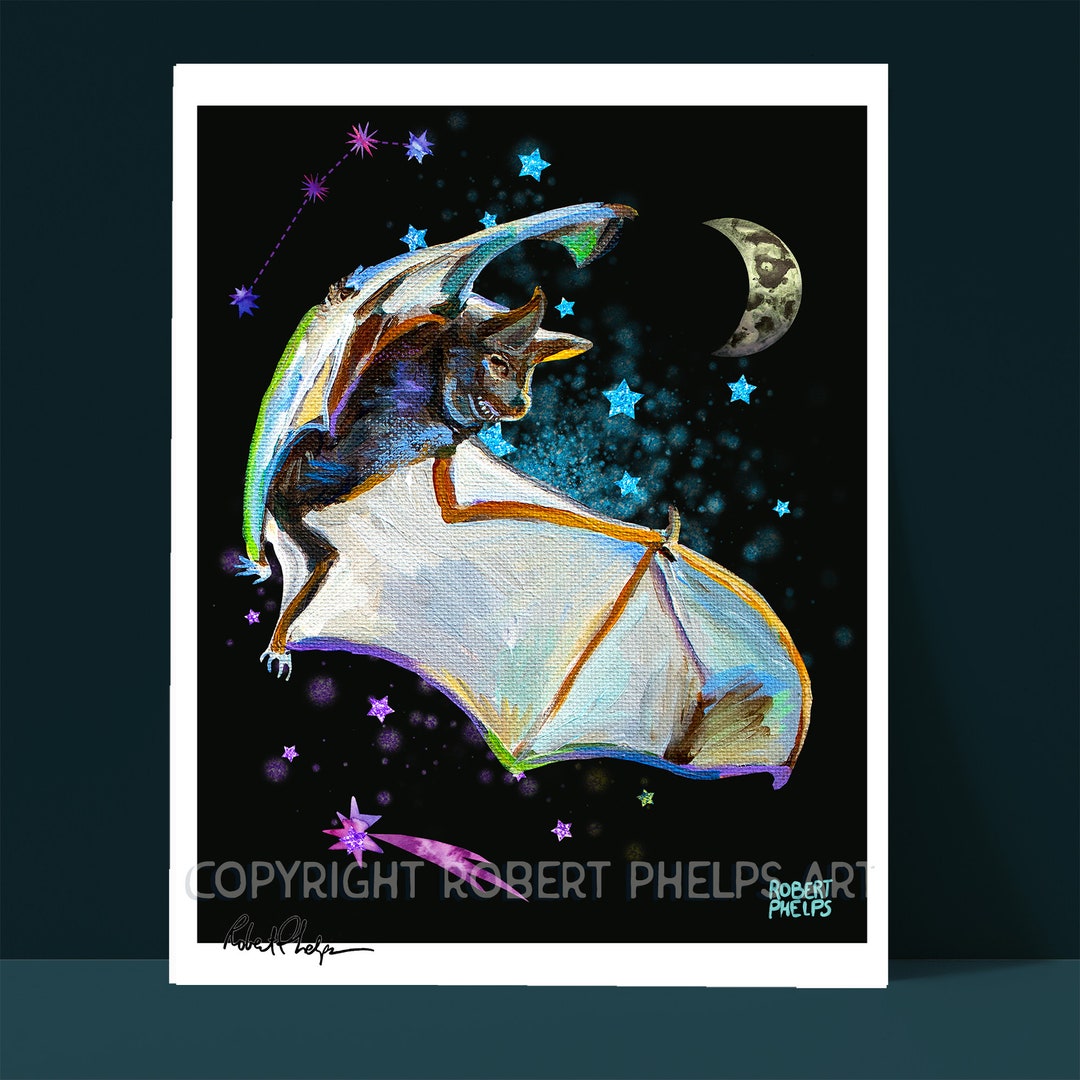 Psychedelic Bat Art Print Creepy Cute Flying Bats and Stars - Etsy