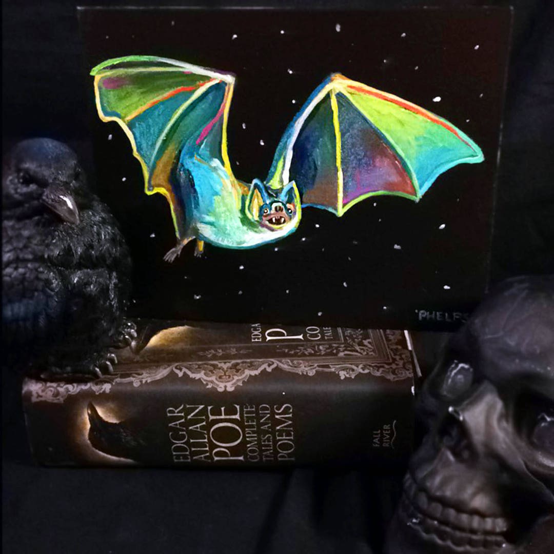 CREEPY CUTE BAT Painting on Canvas Panel, Original Bat Art, Spooky ...