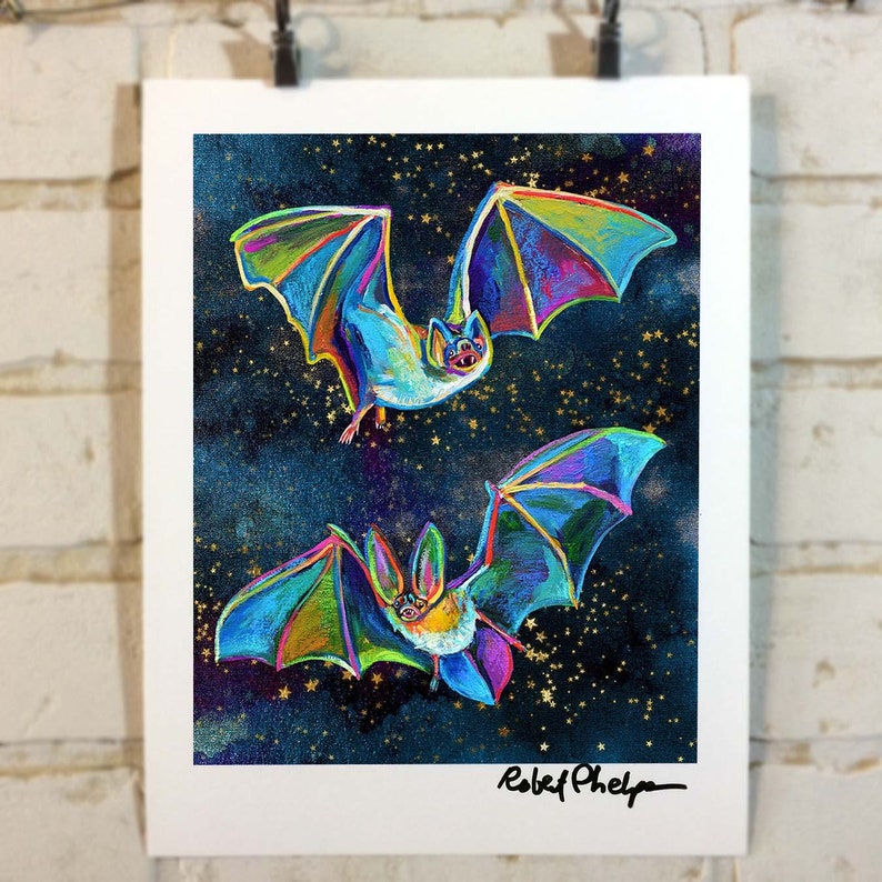 Fun Gothic Bat Art Print Creepy Cute Flying Bats and Stars | Etsy