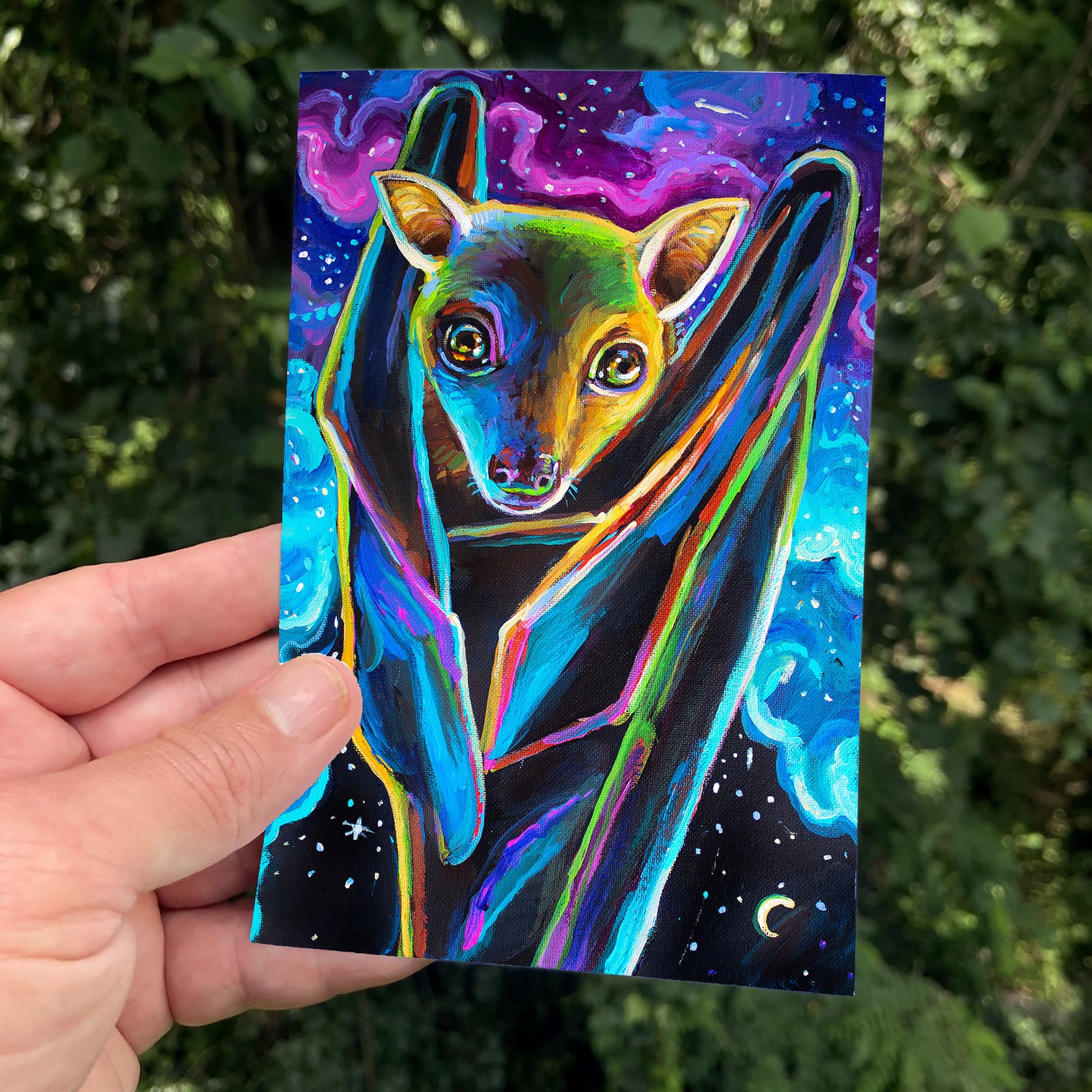 Cute Mini Bat Art Print; Macabre Bookshelf Art, 4x6 Psychedelic Bats ...
