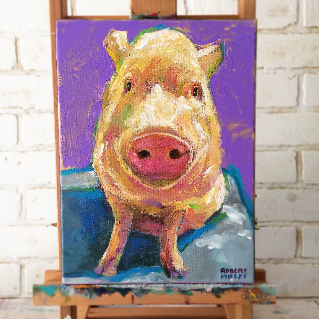 Original Acrylic Painting Pig on Canvas; Unique Animal Art for Rustic ...