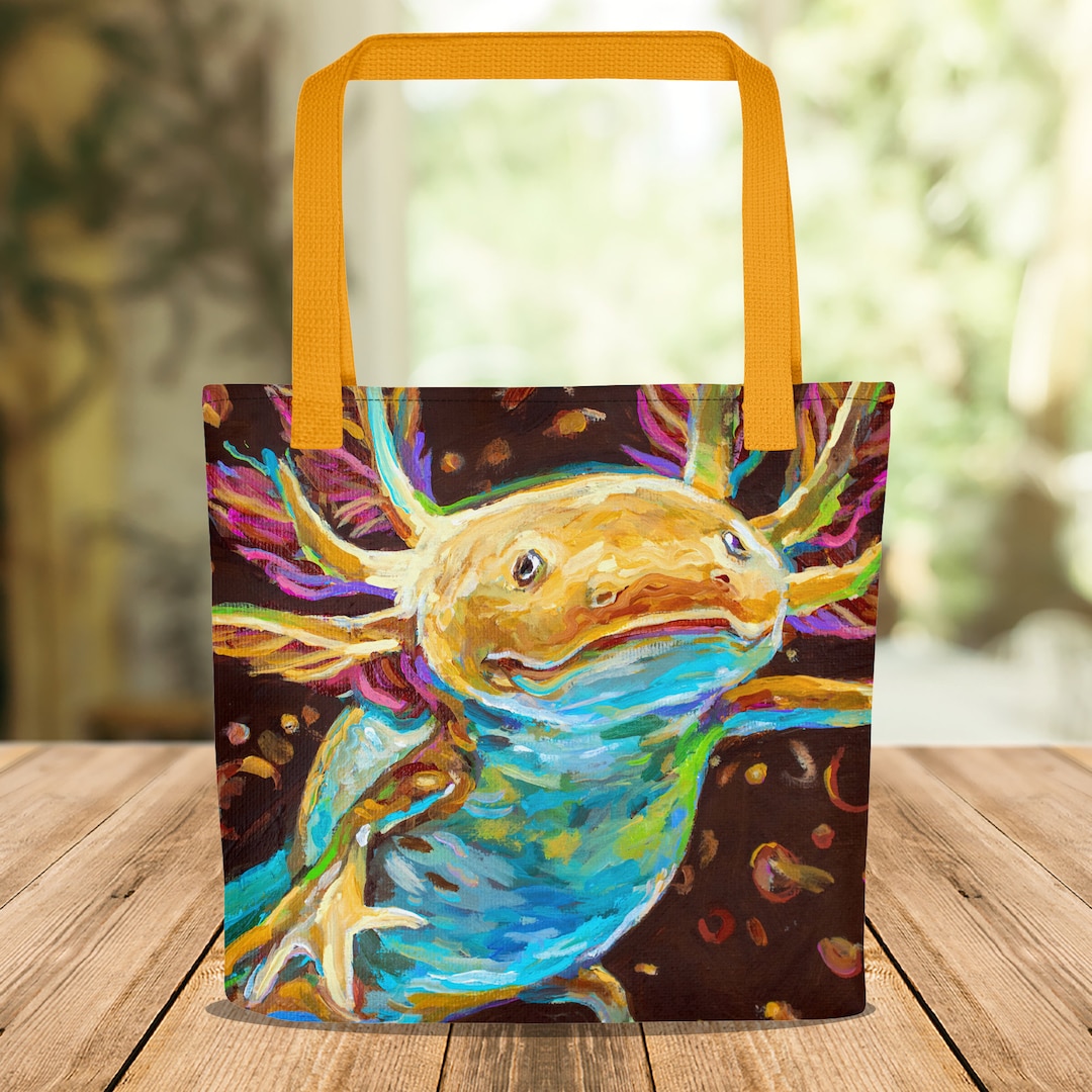 Axolotl Tote Bag - Axolotl Painting, Colorful Amphibian Art Carryall ...